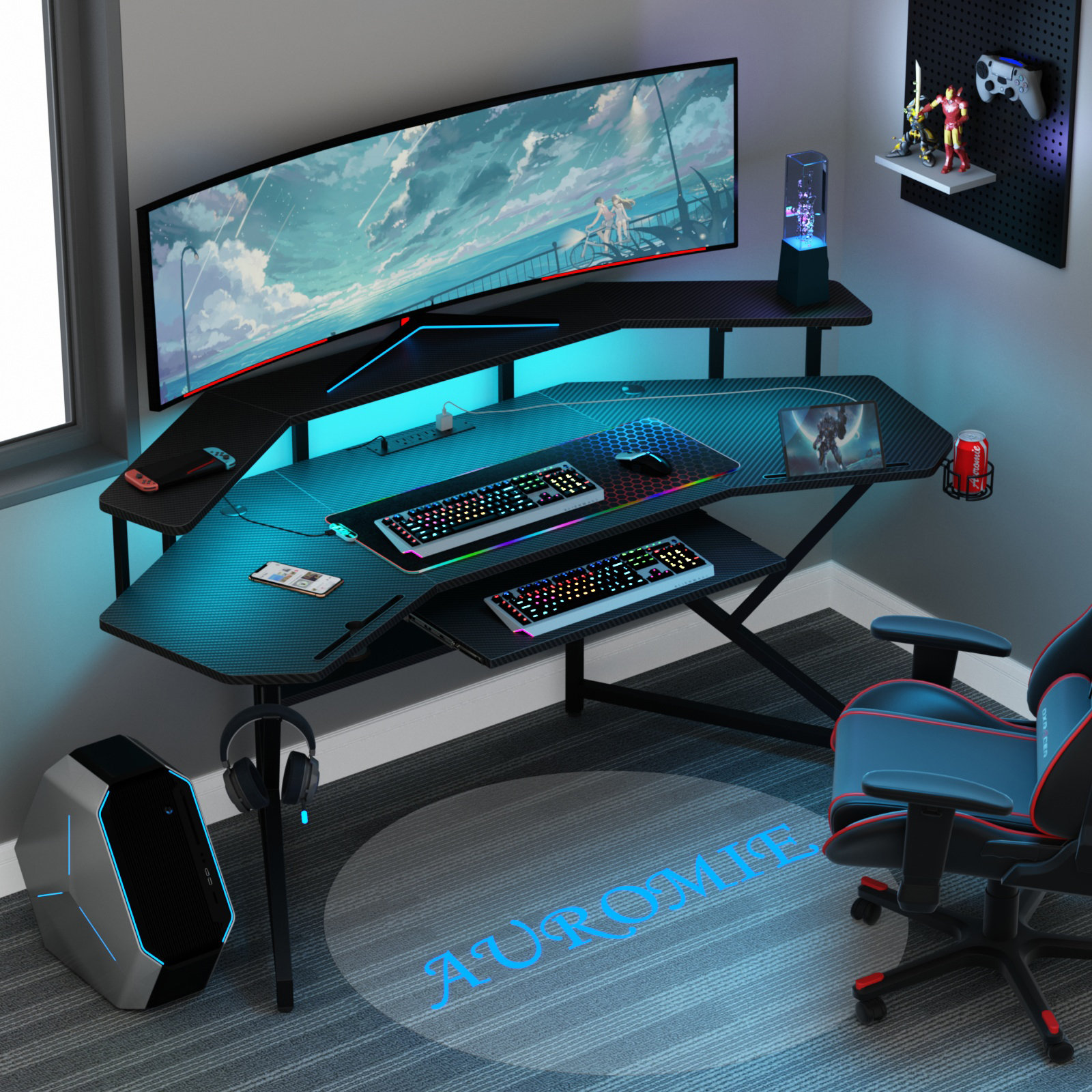 Inbox Zero Berlanga Gaming Desk with Power Outlet Led Strip Large Wing Shaped Computer Desk with Monitor Stand Reviews Wayfair